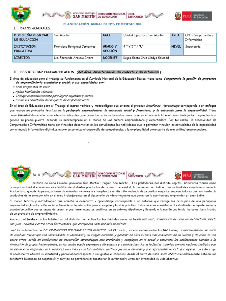 PLANIFICACION ANUAL EPT -CICLO VII 4°-5°-FBC 2024 | PDF | Aprendizaje | Iniciativa empresarial