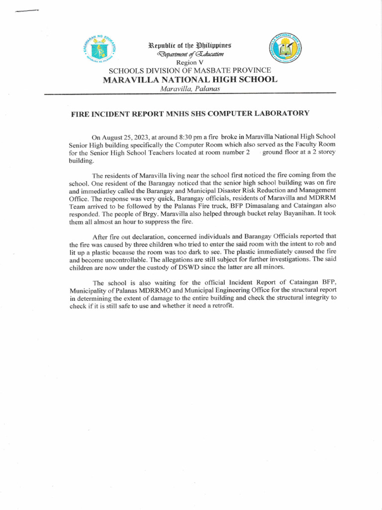 Fire Incident Report MNHS SHS Computer Lab August 25 2023 | PDF