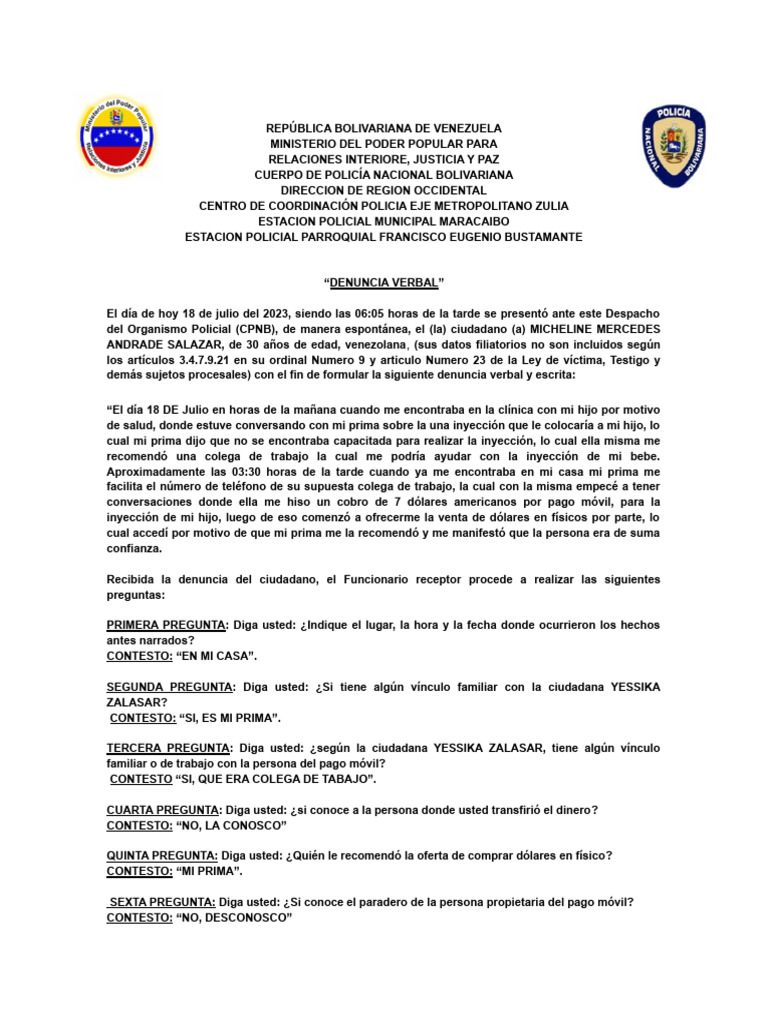 Denuncia Verbal Estafa | PDF | Venezuela | Gobierno
