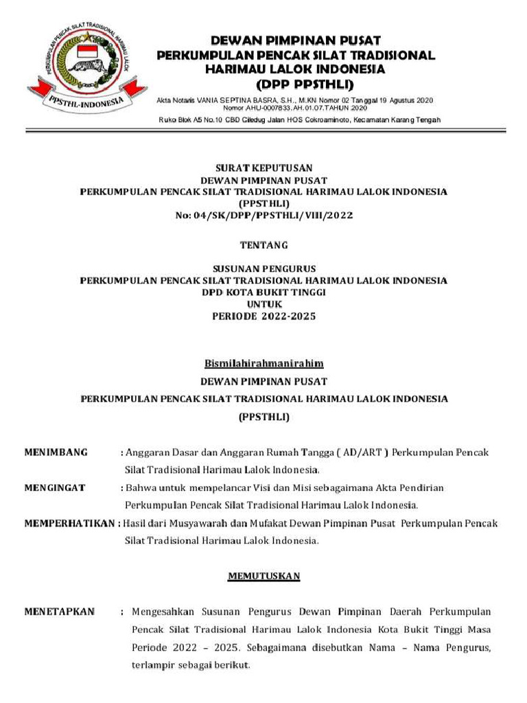 Struktur Kepengurusan DPD PPSTHLI Kota Bukittiggi | PDF