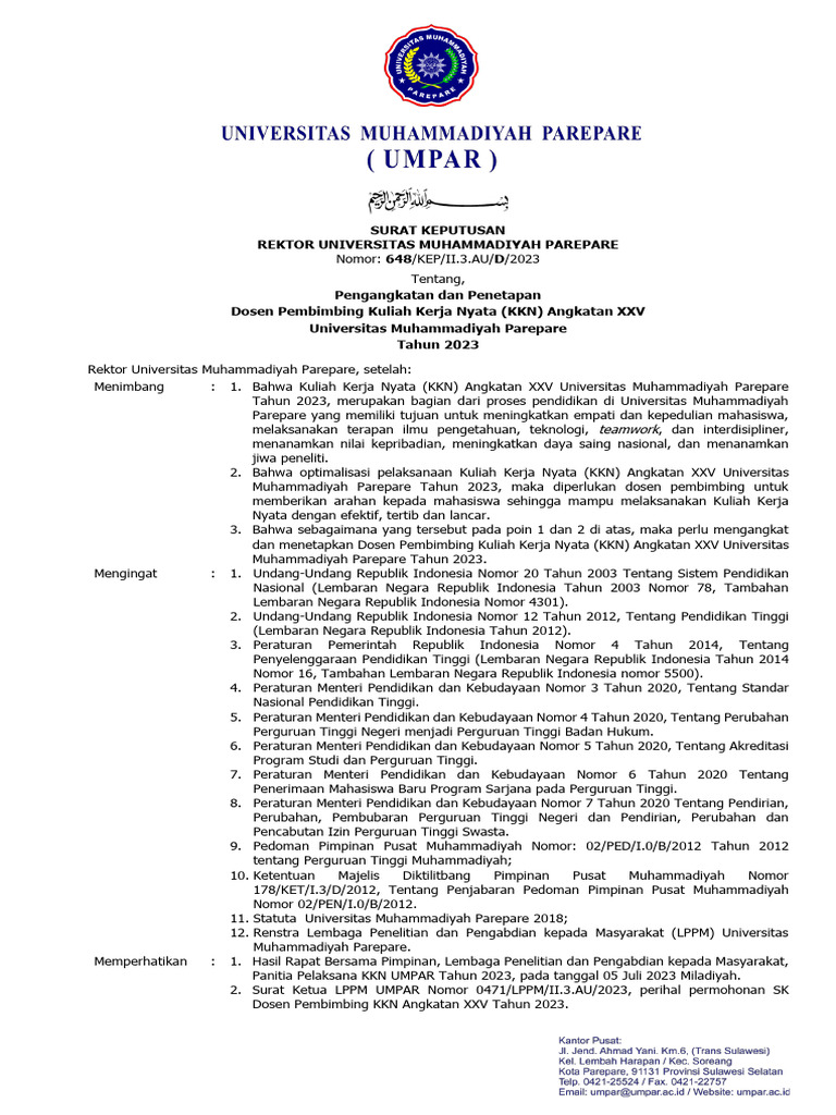 SK - 648 Pembimbing KKN 2023 | PDF