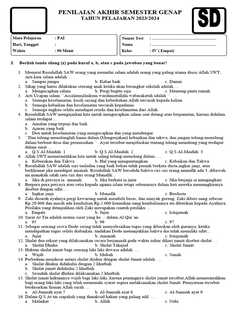 Soal Sat Genap Pai KLS 4 | PDF | Agama & Spiritualitas