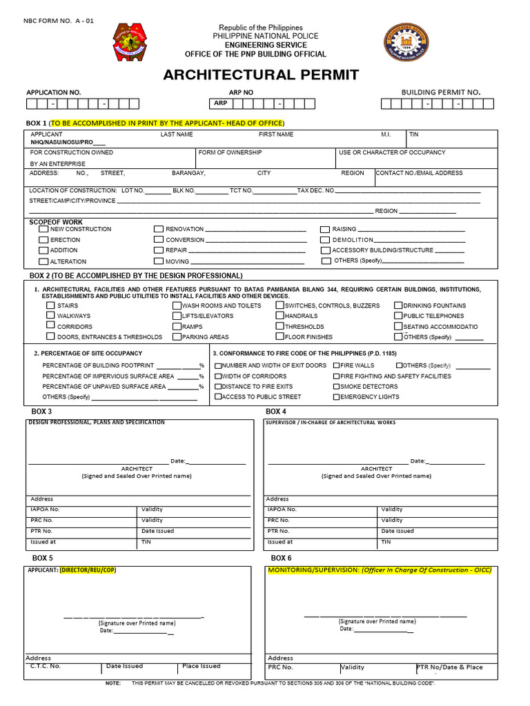 01 NBC Form No A 01 Architectural Permit | PDF | Specification (Technical Standard) | Stairs
