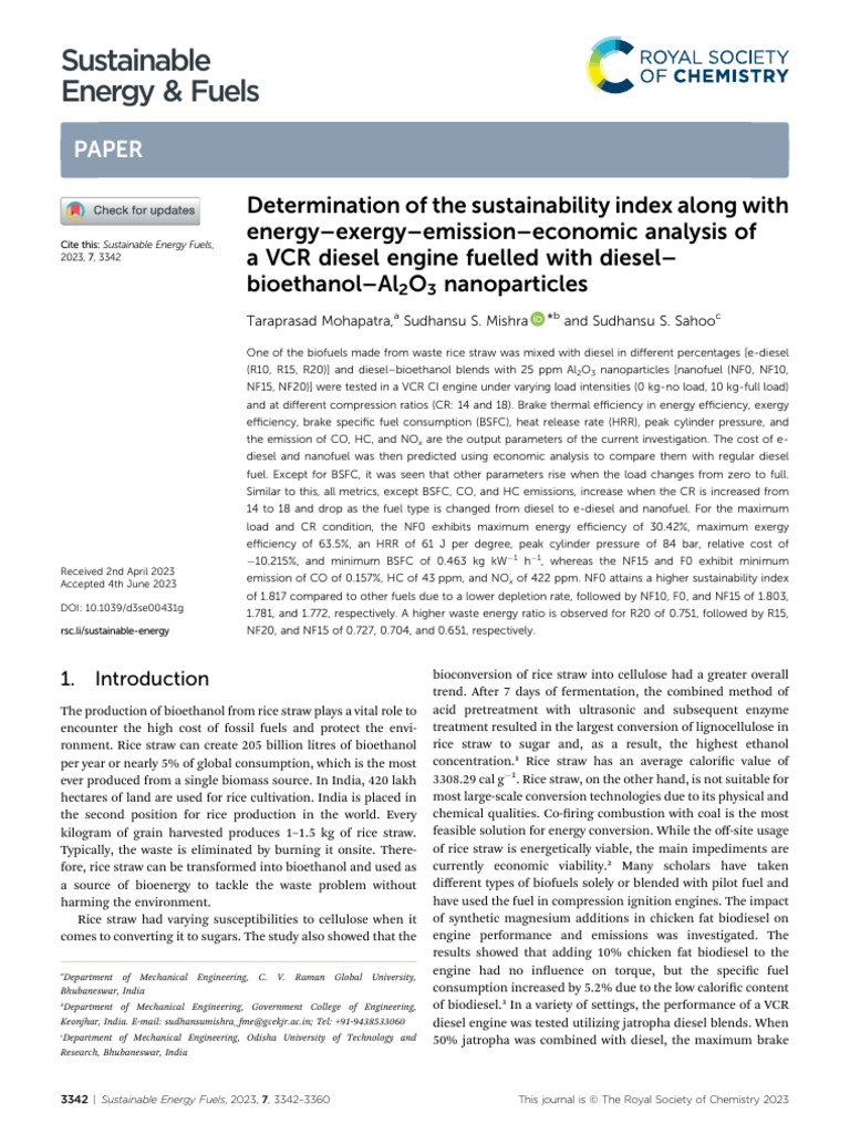 Sustaiable Energy & Fuel Paper | PDF | Biodiesel | Diesel Engine