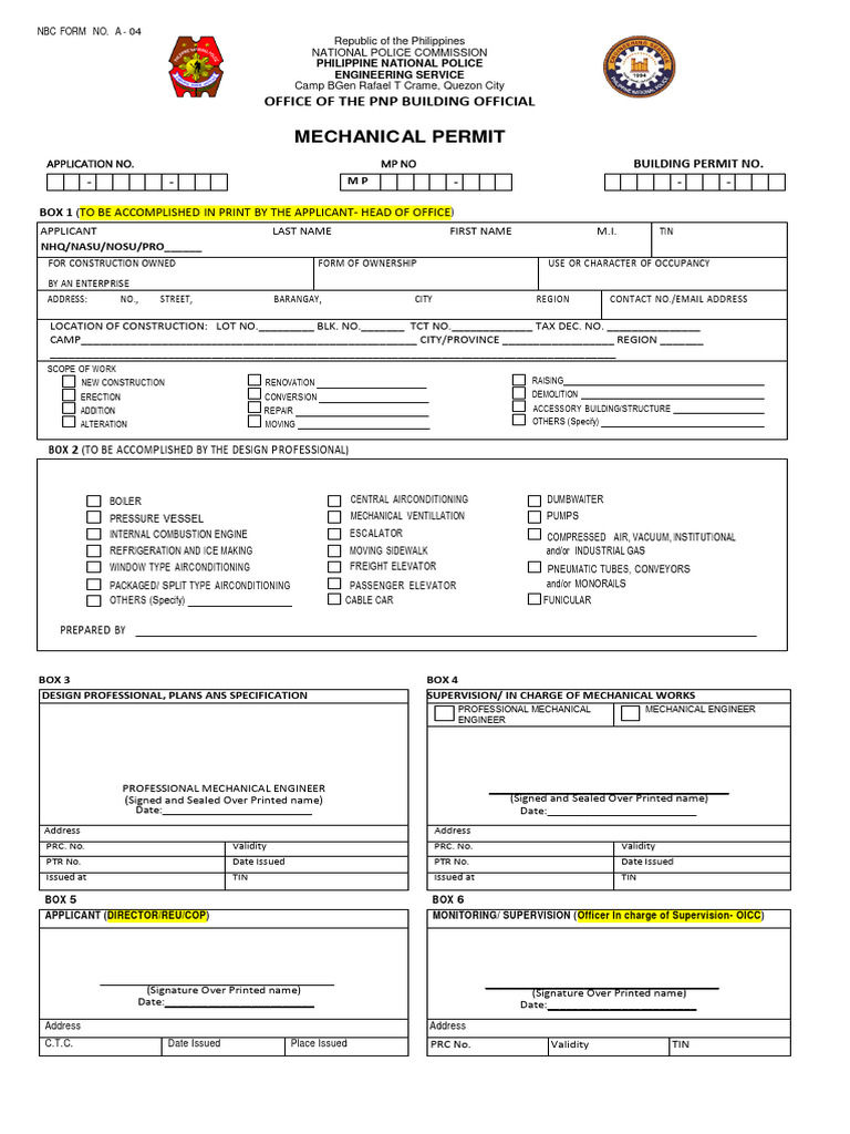 04 NBC Form No A 04 Mechanical Permit | PDF | Elevator | Mechanical Engineering