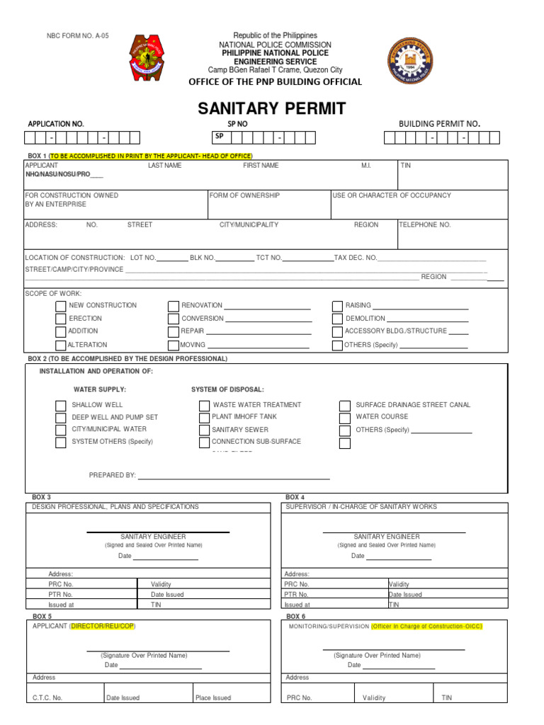 05 NBC Form No A 05 Sanitary Permit | PDF | Water | Water Supply