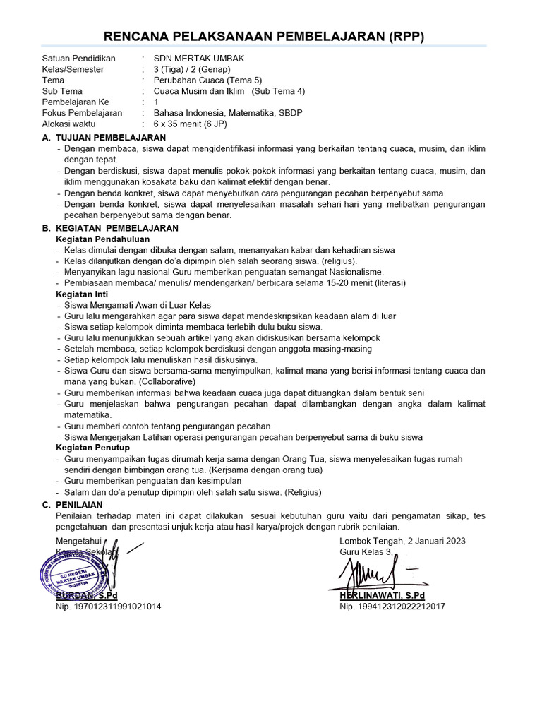 RPP Kelas 3 Tema 5 Sub Tema 4 | PDF