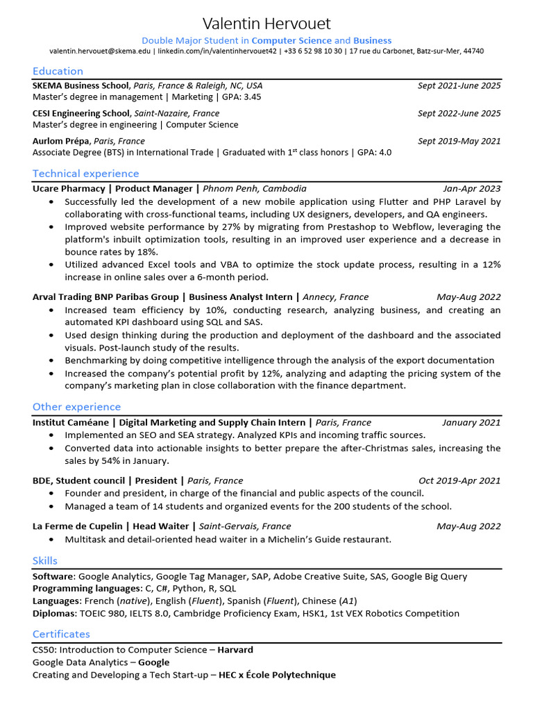 6474b5b777e56fa7f7756b33 - Resume - Valentin Hervouet | PDF ...