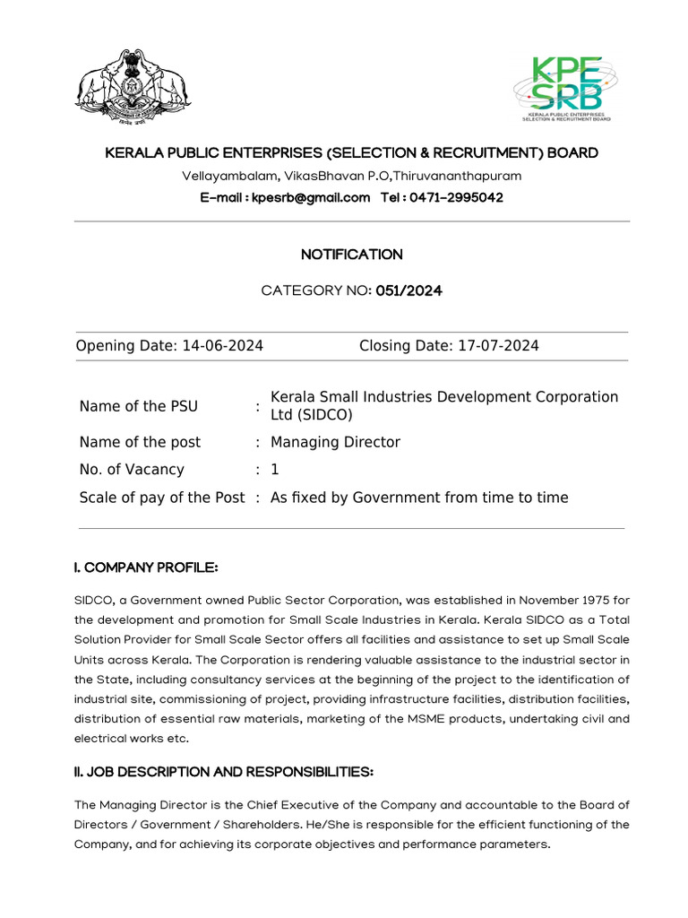 051 2024 Managing Director Kerala Small Industries Development Corporation LTD SIDCO | PDF ...