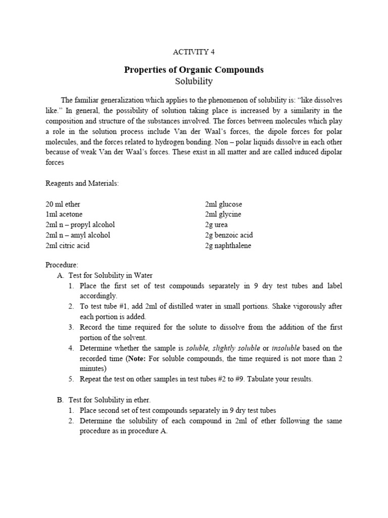 Activity 4 - Properties of Organic Compounds (Solubility) | PDF ...
