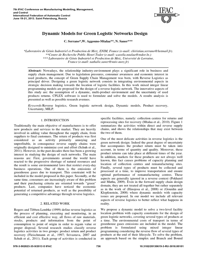Dynamic Models For Green Logistic Networks Design | PDF | Supply Chain | Logistics