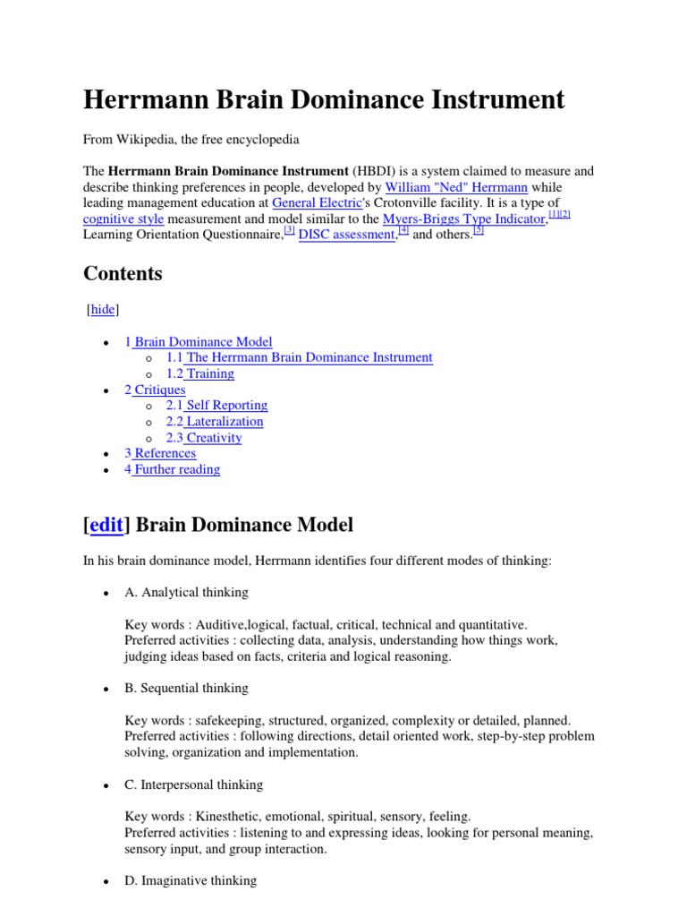 Herrmann Brain Dominance Instrument | PDF | Neuroscience | Neuropsychology
