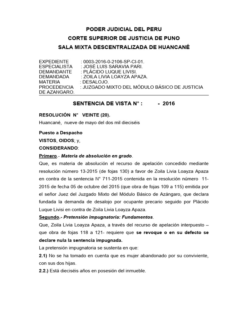 Sentecia Vistas Por Ocupacion Precario) | PDF | Propiedad | Sentencia (ley)