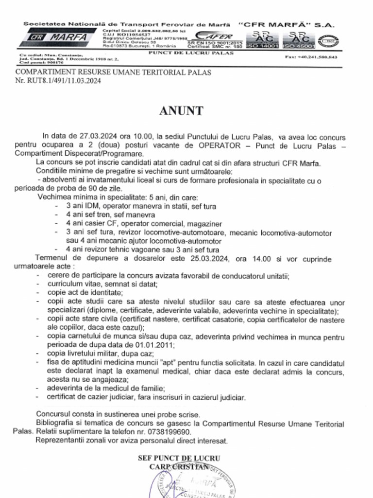 Fisa Concurs Operator CFR | PDF