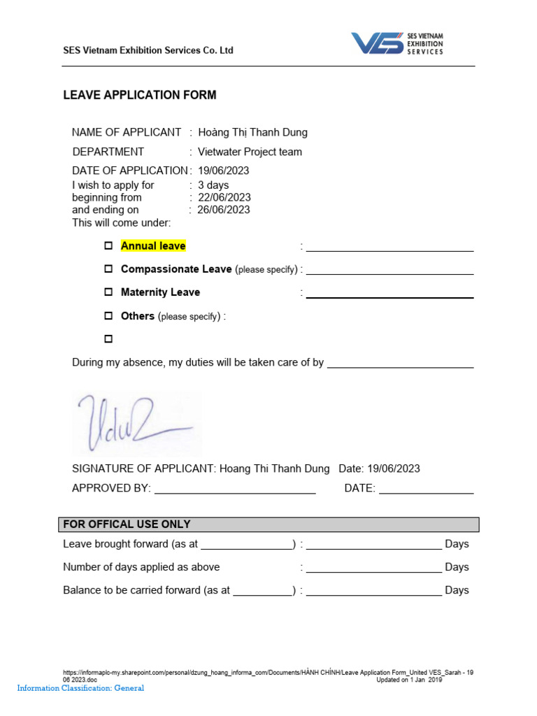 Leave Application Form_United VES_Sarah - 19 06 2023 | PDF
