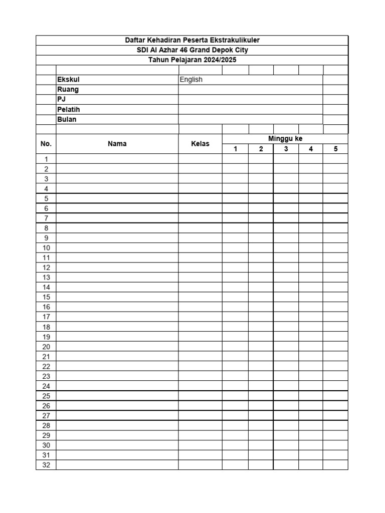 Format Absensi Ekskul Kelas 456 | PDF
