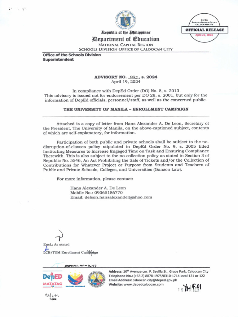 Advisory No. 095, S. 2024 - The University of Manila - Enrollment ...