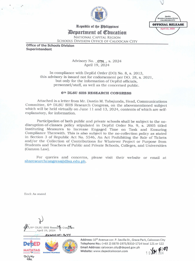 Advisory No. 094, S. 2024 - 6th DLSU SHS Research Congress | PDF ...