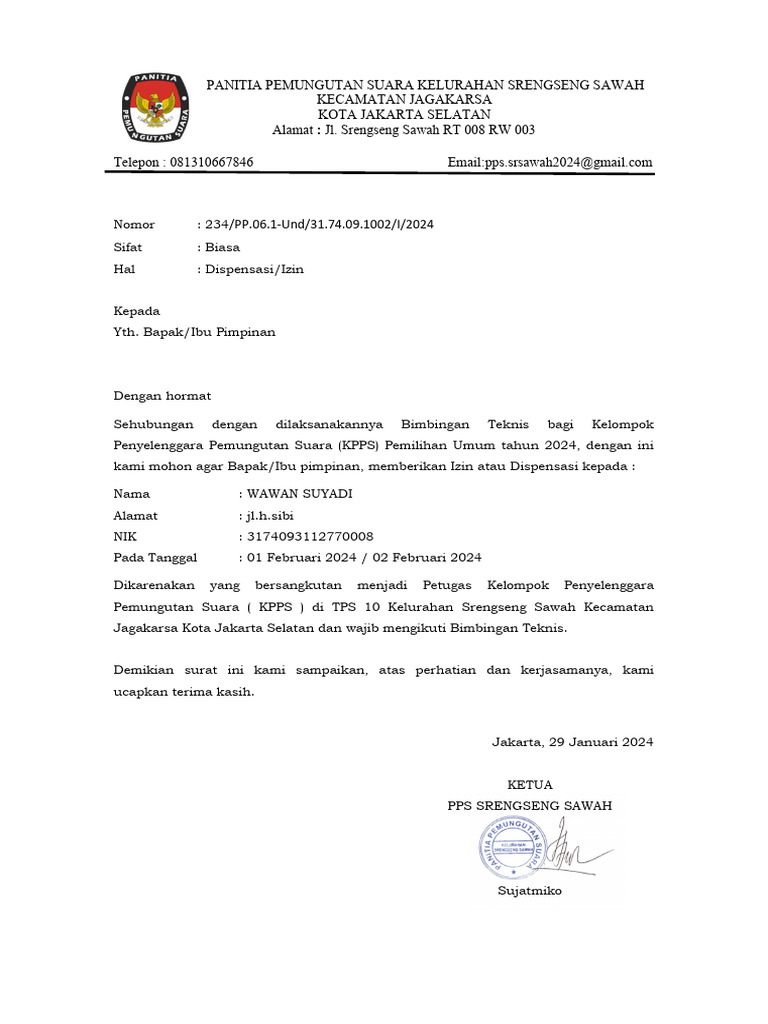 Surat Dispensasi Kerja KPPS Srengseng Sawah | PDF Surat Dispensasi Kerja KPPS Srengseng Sawah | PDF