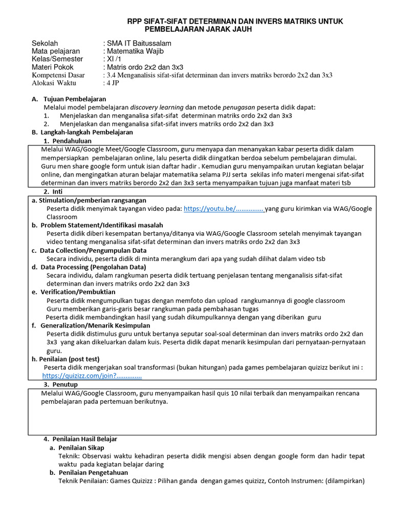 RPP PJJ - Xi MTK Wajib KD 3.4 Dan 4.4 Determinan Dan Invers Matriks | PDF | Seni | Komputer
