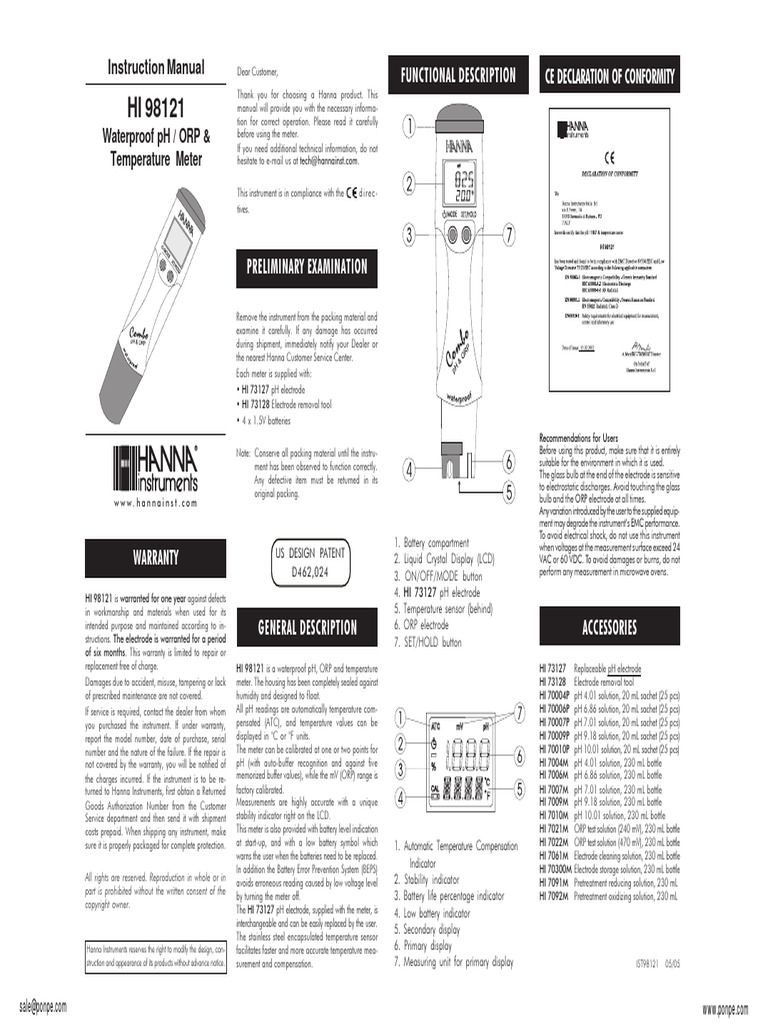 HI98121 Hanna PH & ORP Meter | PDF | Ph | Calibration
