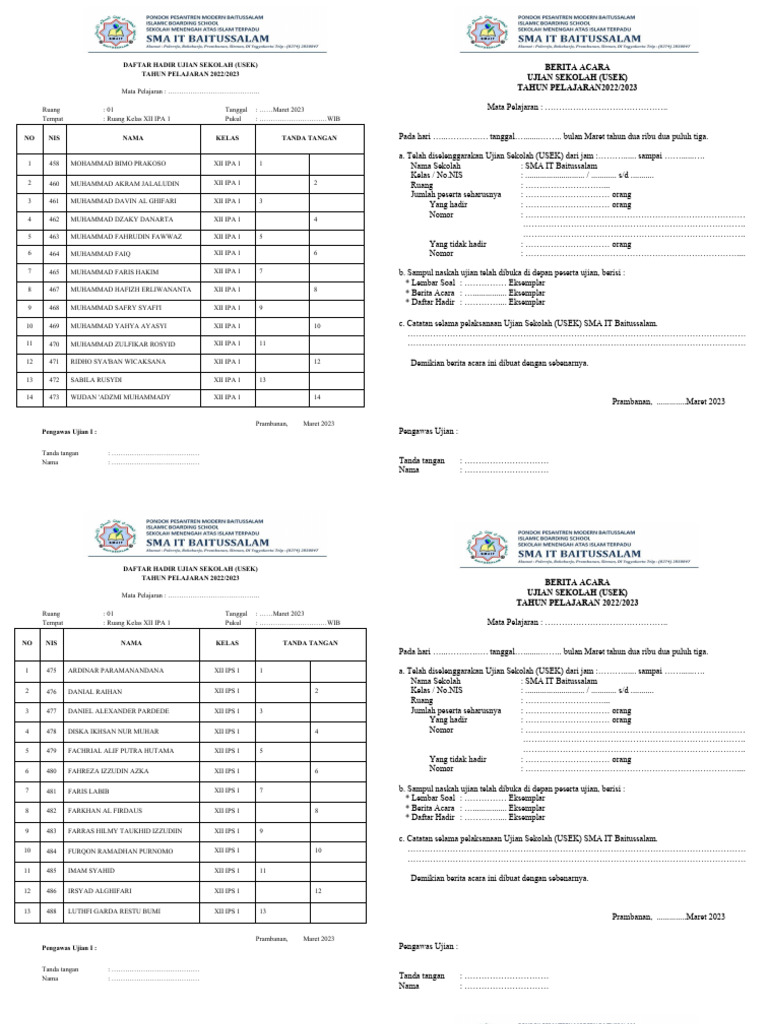 Berita Acara Dan Presensi Siswa USEK 2023 KELAS IKHWAN | PDF