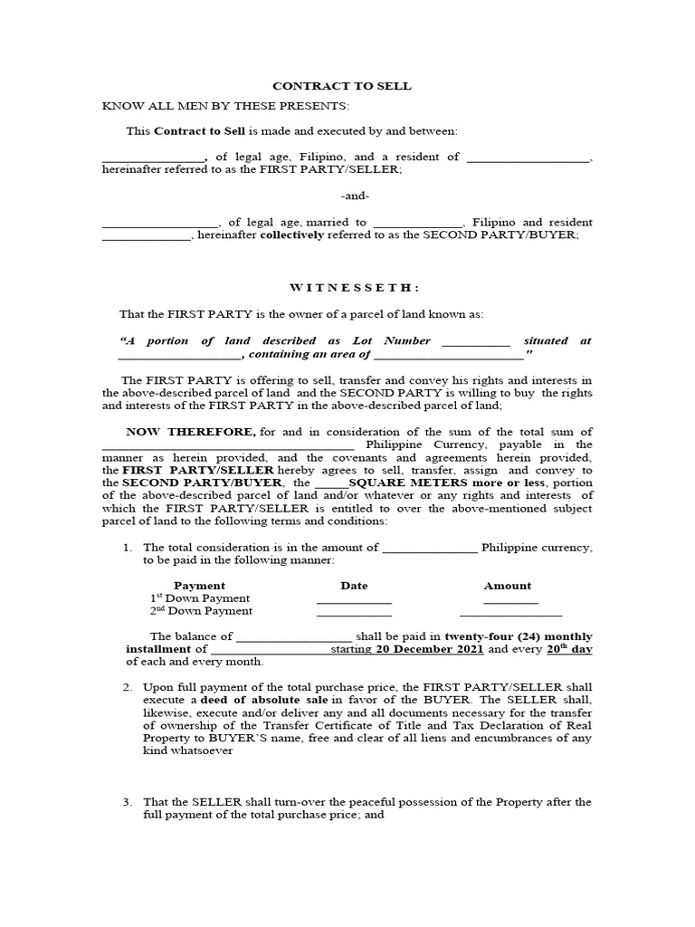 Contract To Sell-Sample | PDF | Sales | Title (Property)