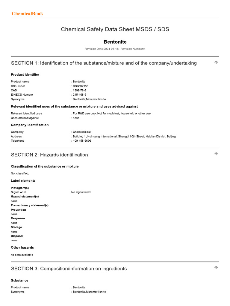 Bentonite - Safety Data Sheet | PDF