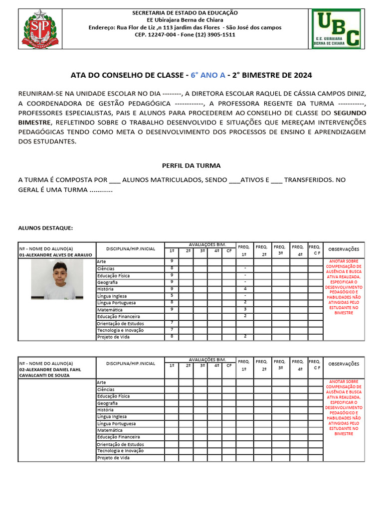 7°a Ata Conselho de Classe 2 Bimestre 2024 | PDF | Pedagogia | Science