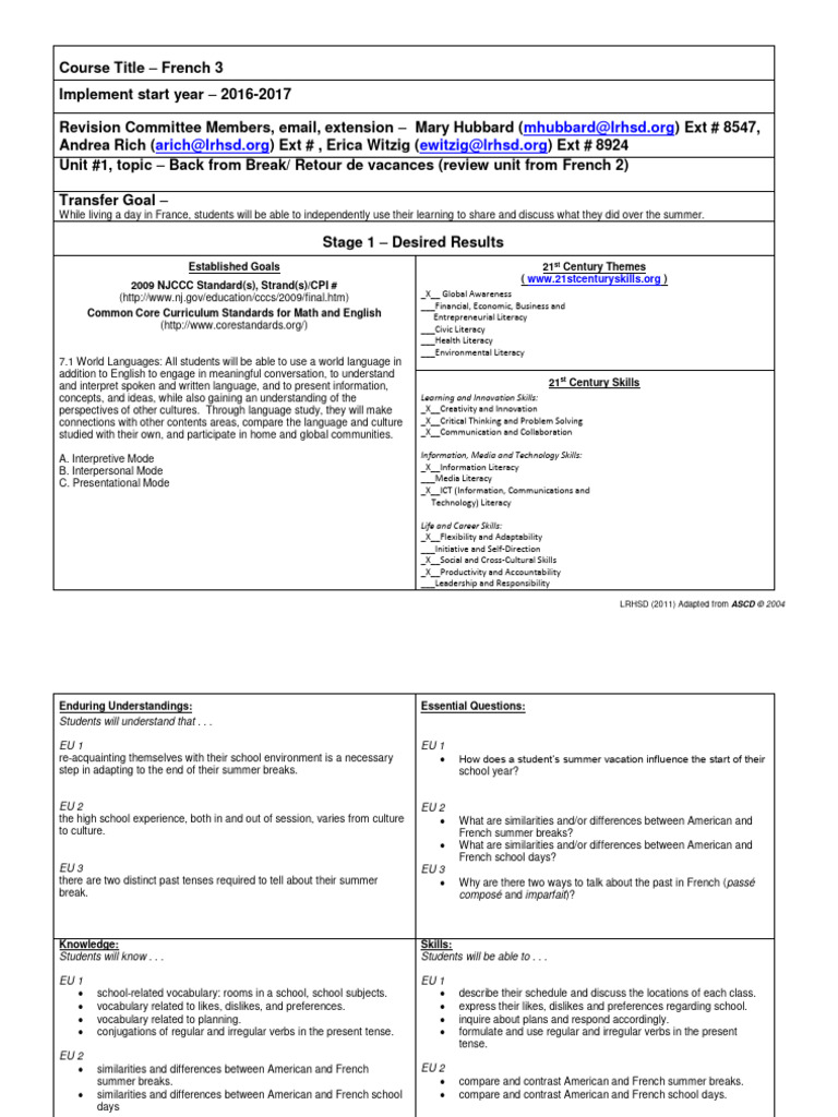 French 3 Unit 1 Back From Break | PDF | Literacy | Grammatical Tense