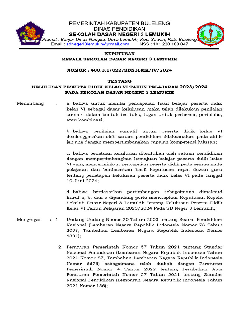 Contoh Surat Keputusan Kelulusan Siswa TP 2023-2024 | PDF