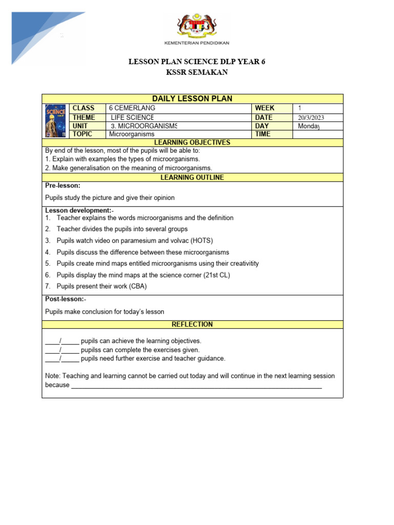 RPH SN DLP THN 6 NEW (Unit 3) | PDF | Lesson Plan | Teachers