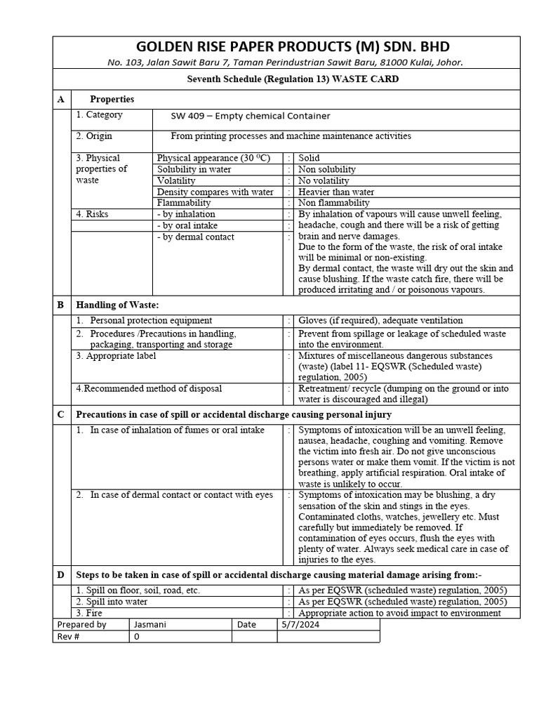 SW409 Waste Card | PDF | Waste | Water