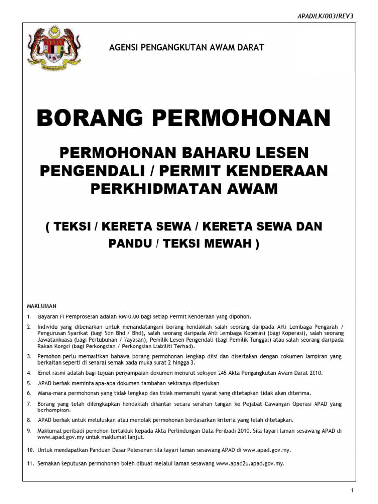 Permohonan Permit Baru - Teksi, Teksi Mewah, Bas | PDF