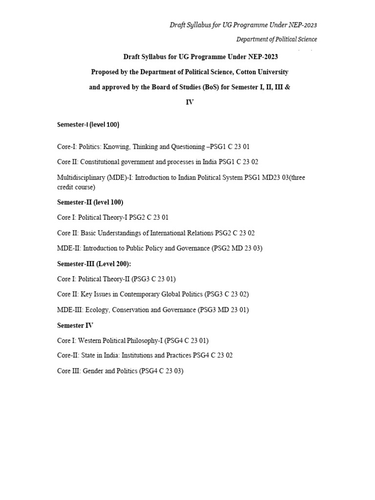 Draft Syllabus For UG Programme Under NEP-2023: Department of Political Science Cotton ...