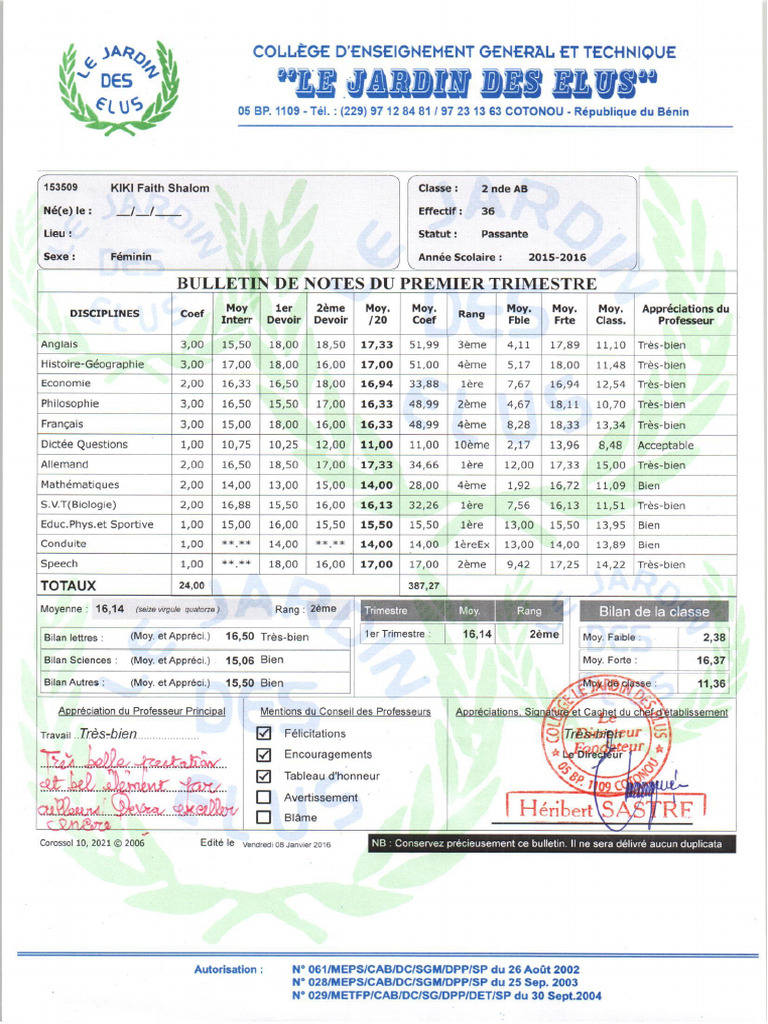 Bulletins de Note Du Jardin Des Elus | PDF