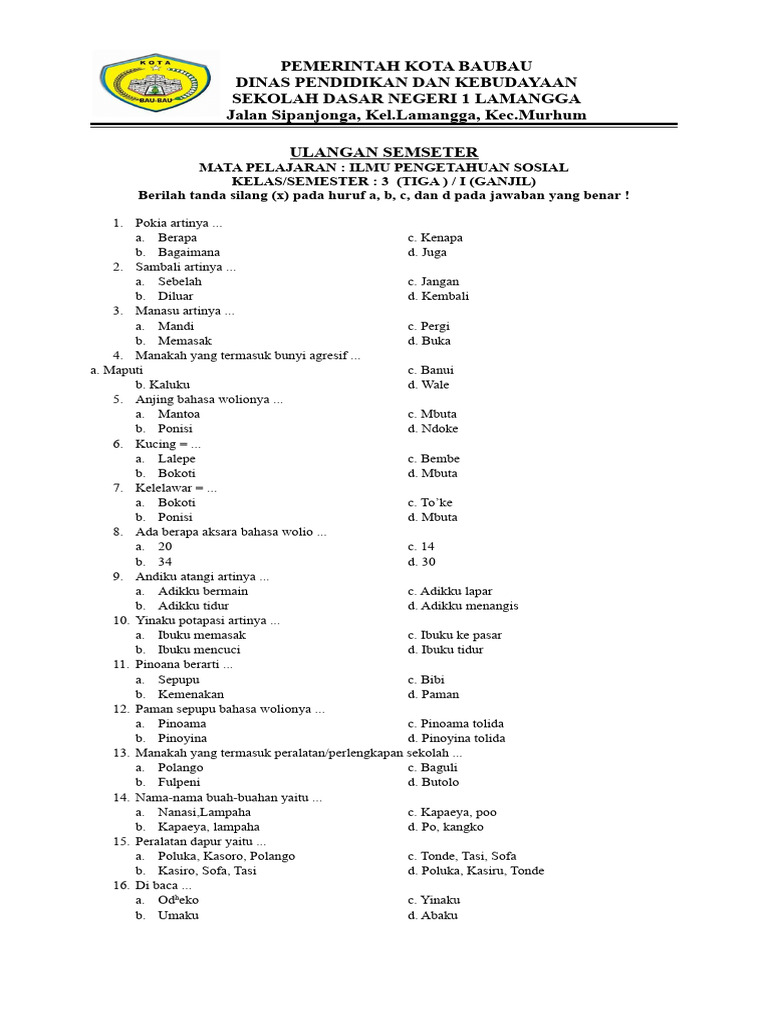 Soal Bahasa Wolio untuk SD Kelas 3 | PDF