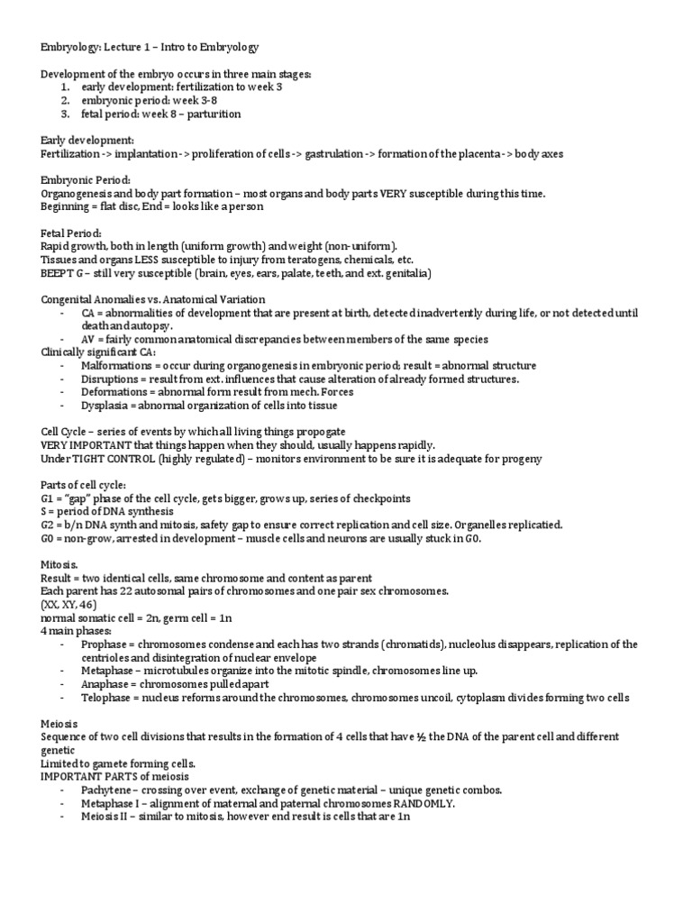 Embryology Notes-Lecture 1-Intro To Embryo | PDF | Meiosis | Mitosis