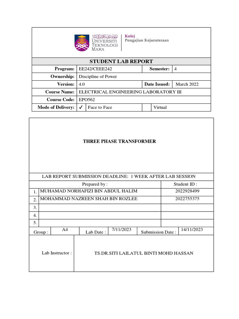 Three-Phase Transformer Lab Report | PDF | Electrical Engineering