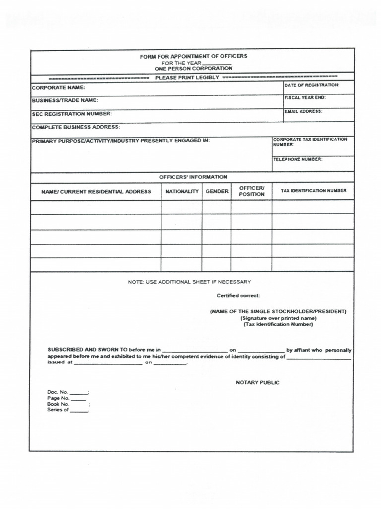 OPC Manual Form For Appointment of Officers Sample | PDF
