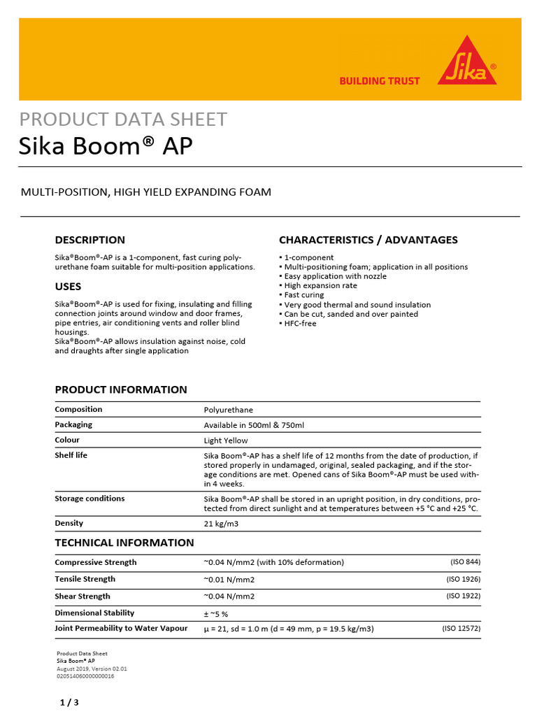 Sika Boom® AP Expanding Foam Data Sheet | PDF | Materials | Building ...