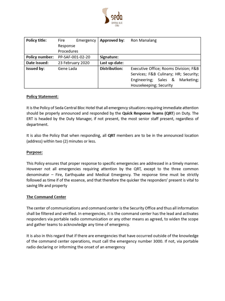 PP-SAF-001-02-20 Fire Emergency Response Procedures | PDF | Safety ...