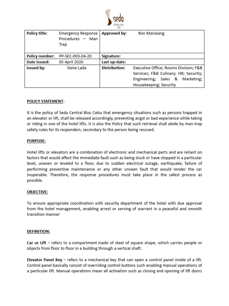 Elevator Mantrap Emergency Procedures | PDF | Elevator | Transport
