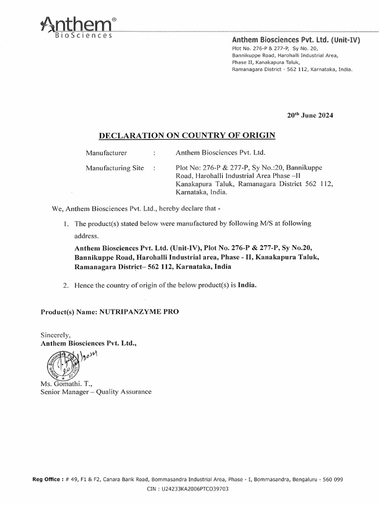 Country of Origin Declaration - Nutripanzyme Pro (2024 - 06 - 25 00 ...