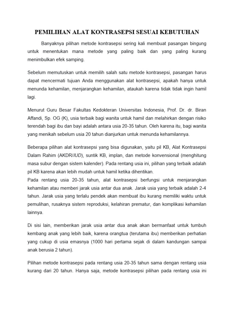 Pemilihan Alat Kontrasepsi Sesuai Kebutuhan | PDF | Gaya Hidup