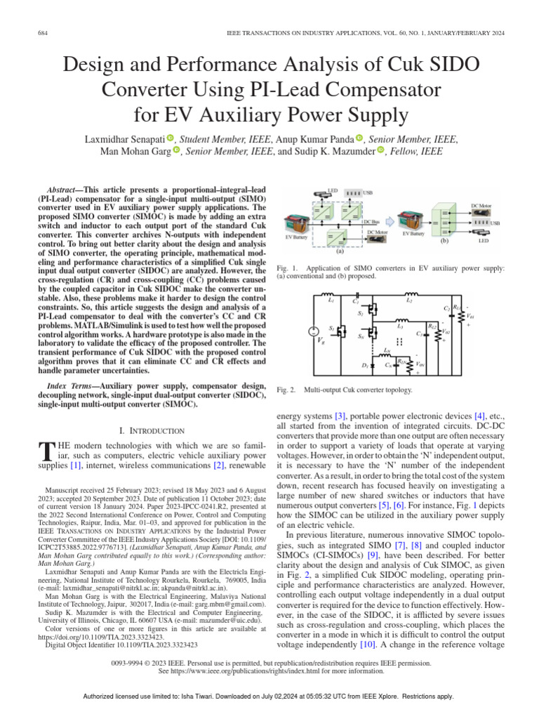 Design and Performance Analysis of Cuk SIDO Converter Using PI-Lead Compensator For EV Auxiliary ...
