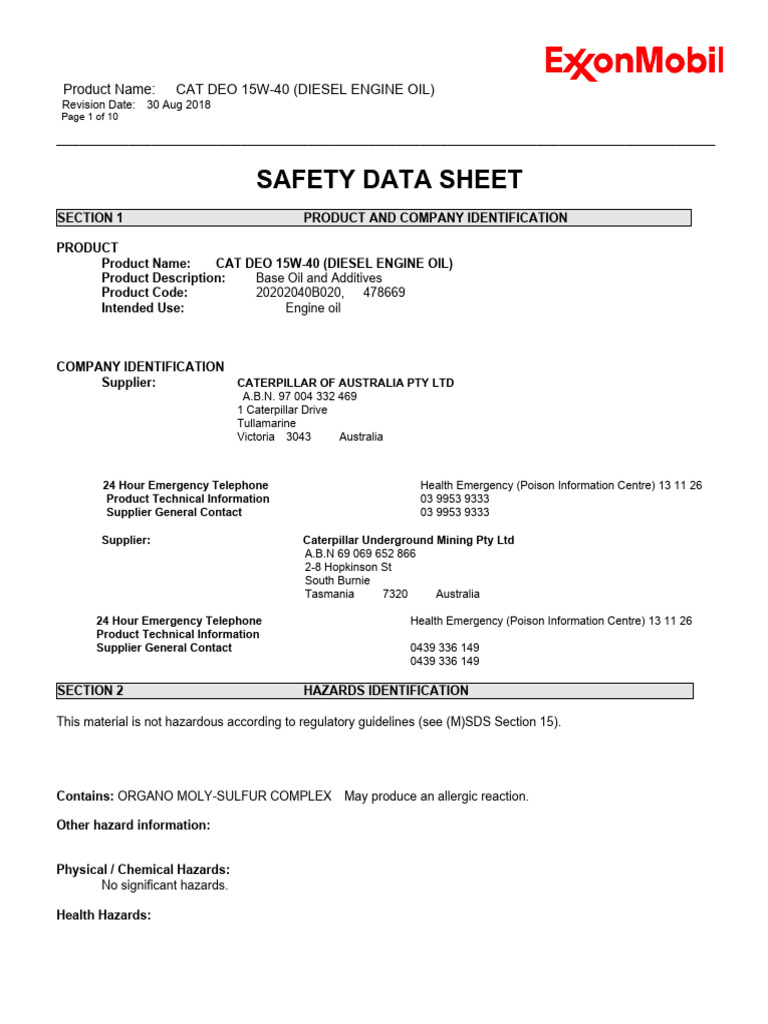 SDS-CAT-DEO-15W-40-Engine-O | Download Free PDF | Oil Spill | Hygiene