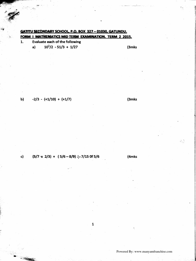 Mathematics Form 1 Term 2 002 | PDF