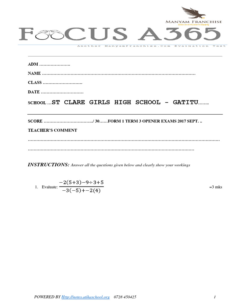 Form1 Opener Term3 2017 Sept | PDF | Elementary Mathematics | Numbers