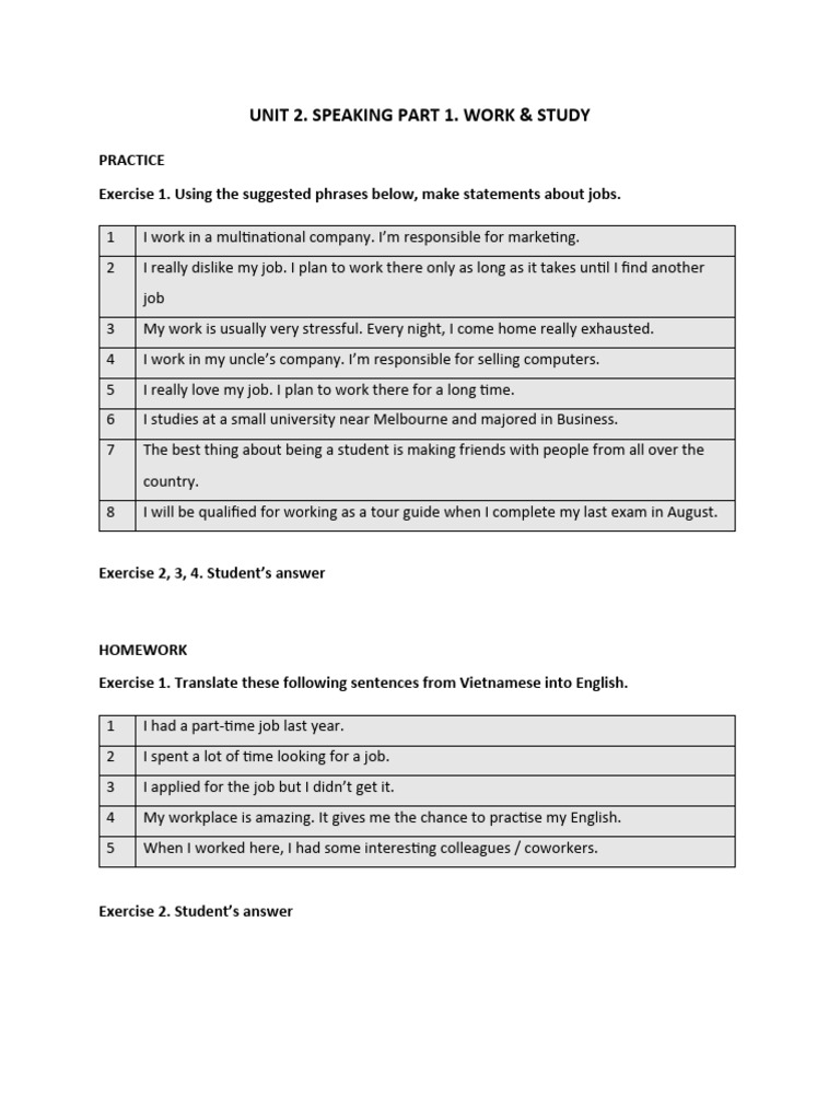 Answer Key-Unit 2. Speaking Part 1 - Work & Study | PDF